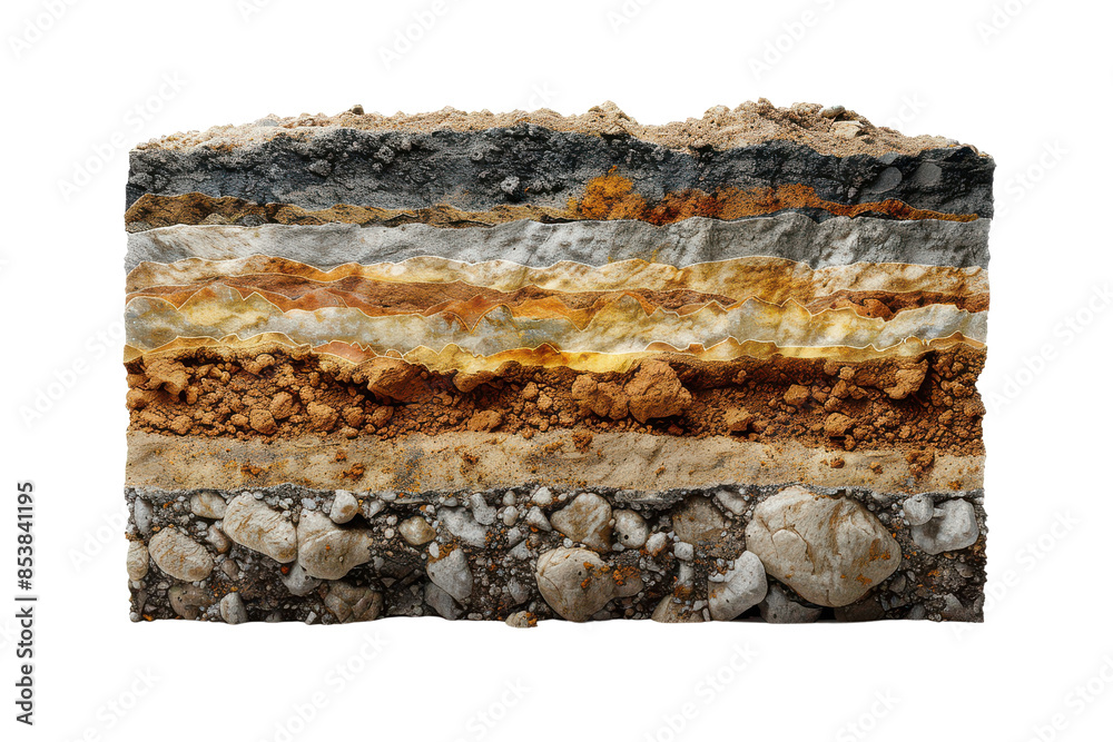 Cross-section of soil layers showing various textures and colors ...