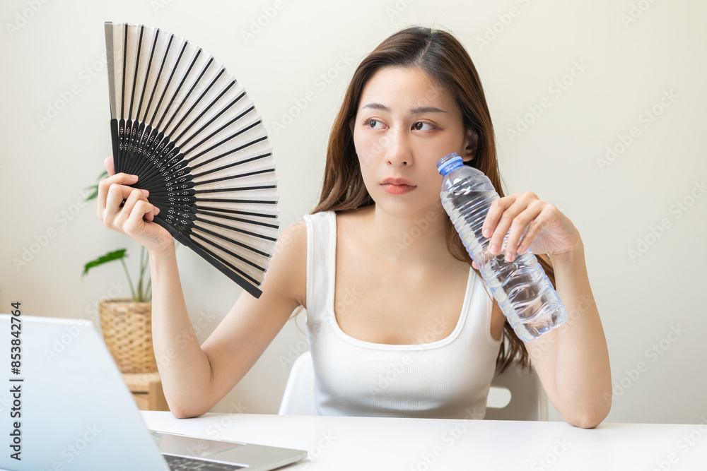 Summer heat wave stroke, hot weather, tired asian young woman sweaty ...