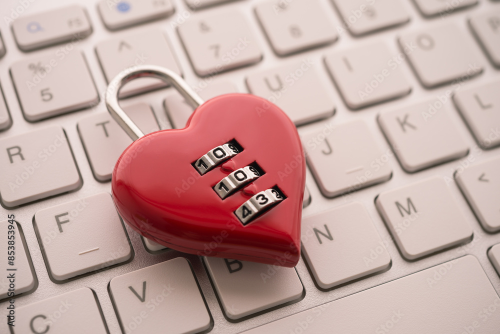 Love red heart shape code lock on white keyboard background. Find love ...