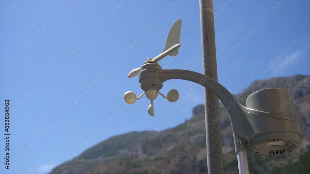 Slow motion, anemometer rotating at a home weather station, on a windy ...