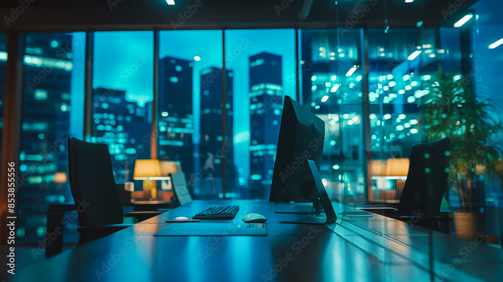 Workspace with desk and modern computer late at night. An office with ...