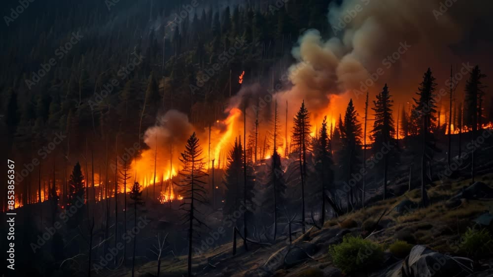dramatic wildfire burning through a forest, with intense flames and ...