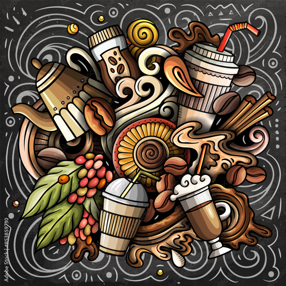 Cartoon vector doodles Coffee House illustration. Colorful, detailed ...