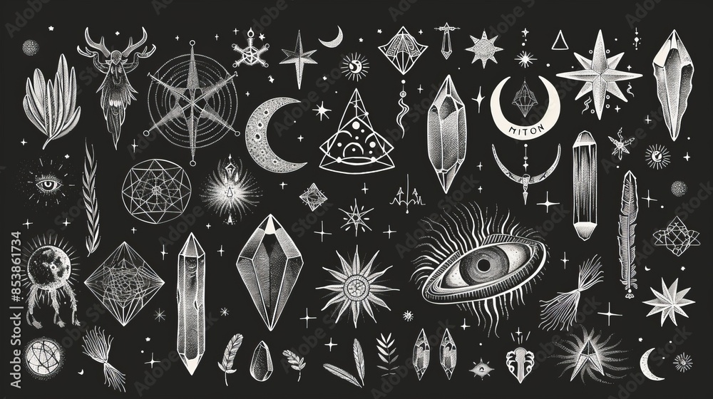 Doodle set of astrology and witchcraft symbols. Esoteric, boho symbols ...