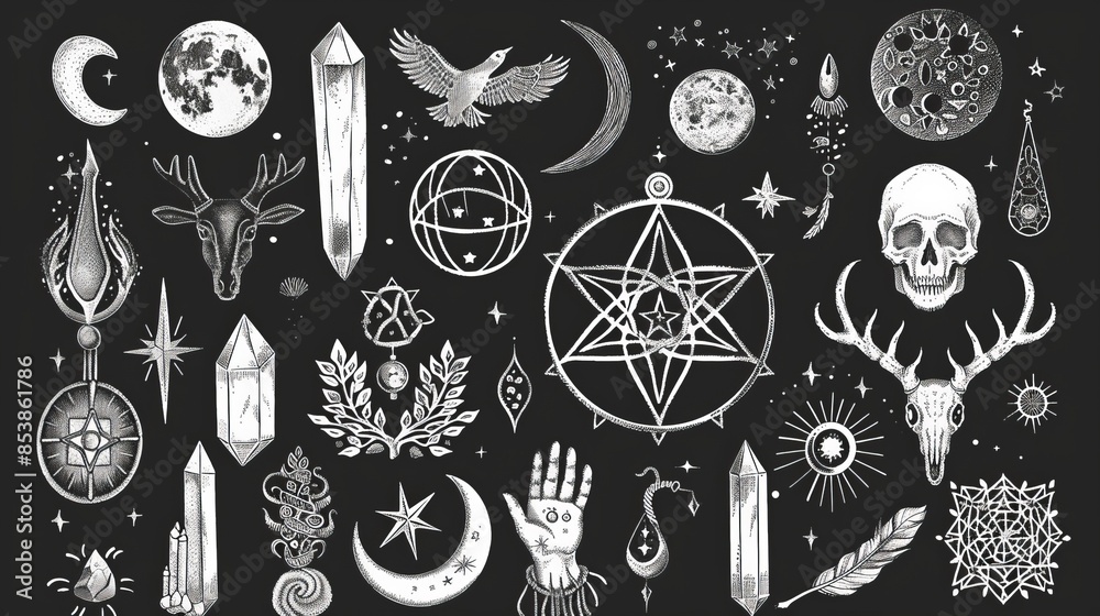 Witch magic symbols doodle set with esoteric, boho hand drawn elements, magic witchcraft crystal ...