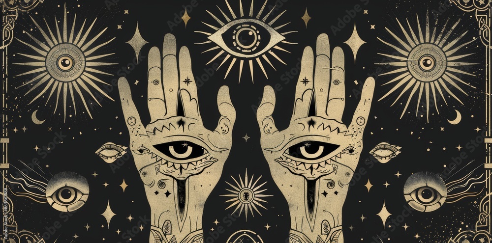 Several palms of a hand with an all-seeing eye are depicted on a ...