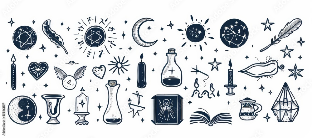 In this outline style modern illustration, you will find magic symbols ...