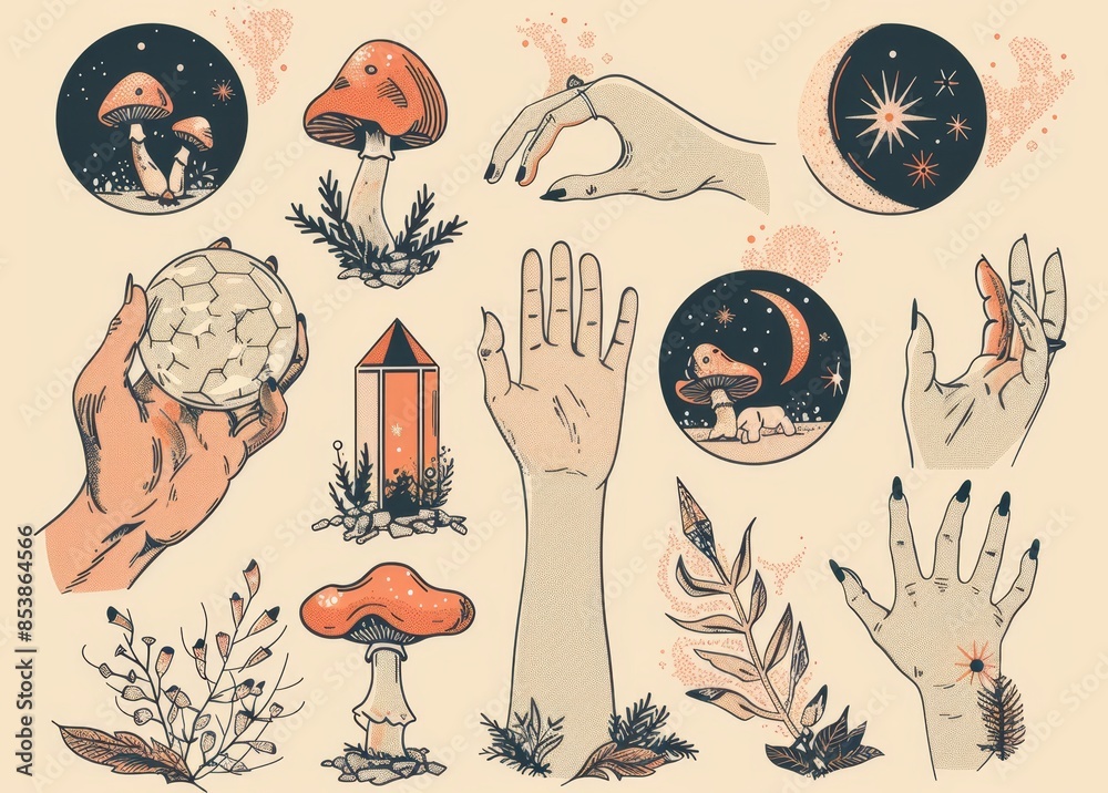 Magical illustrations, magic items, witchy hands with stars and moon ...