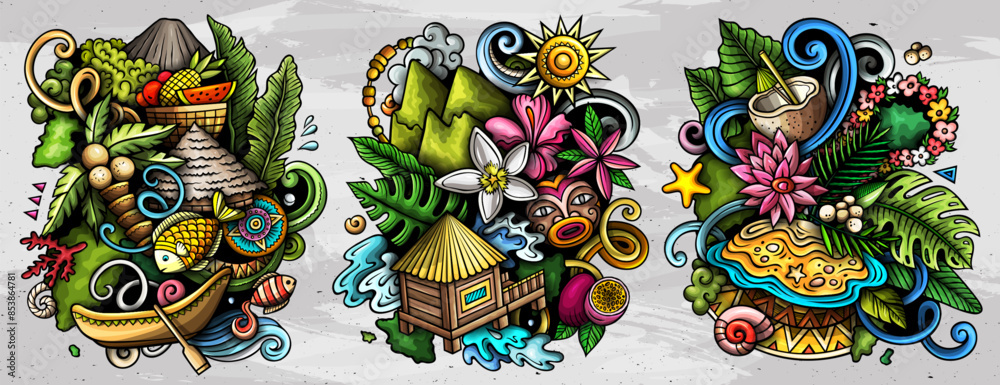 Tahiti cartoon vector doodle designs set. Colorful detailed ...