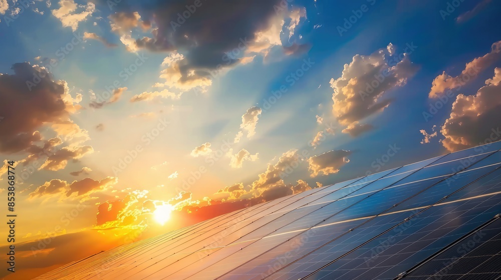 Photovoltaic solar panels on sunset sky background, green clean energy ...