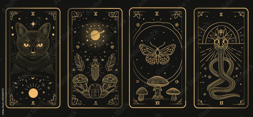 Set of three abstract line art doodle tarot cards encrusted with ...