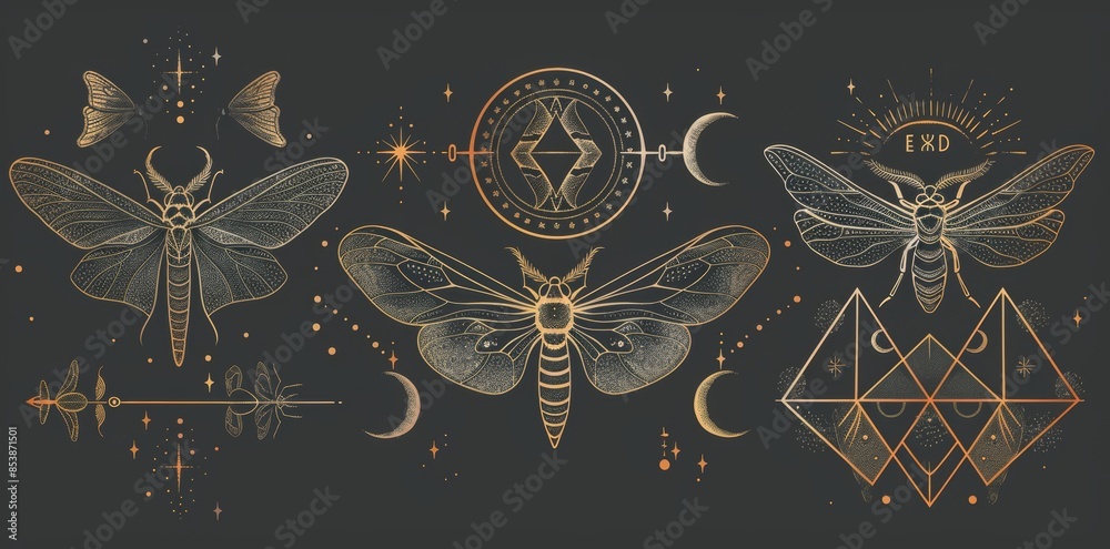Black occult shiny linear labels with a magical frame stylized as ...