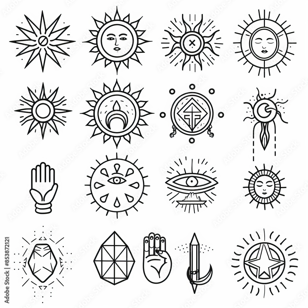 Icons and symbols of ancient magic such as the sun and moon, crystals ...