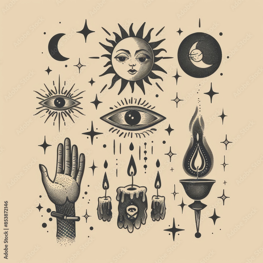 Gold colour illustration of cosmic magic symbols and symbols like the ...