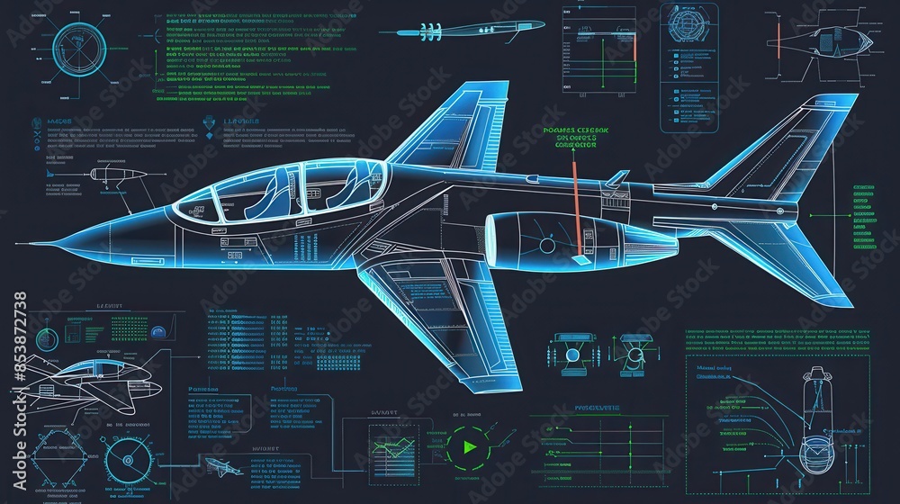 A detailed blueprint of a modern fighter jet, showcasing technical ...