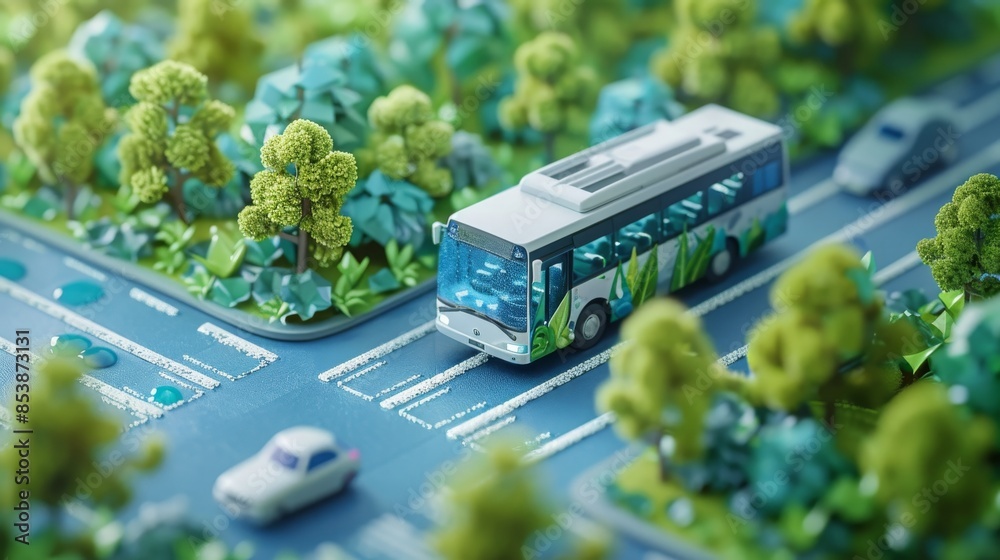 Eco-friendly bus on a vibrant blue road surrounded by lush urban trees ...