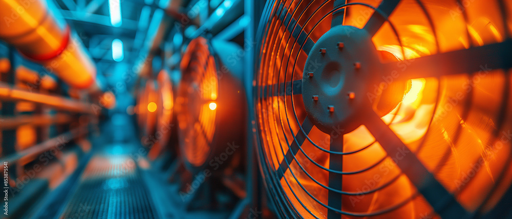 Close-up of a ventilation fan in an industrial HVAC system, with focus ...