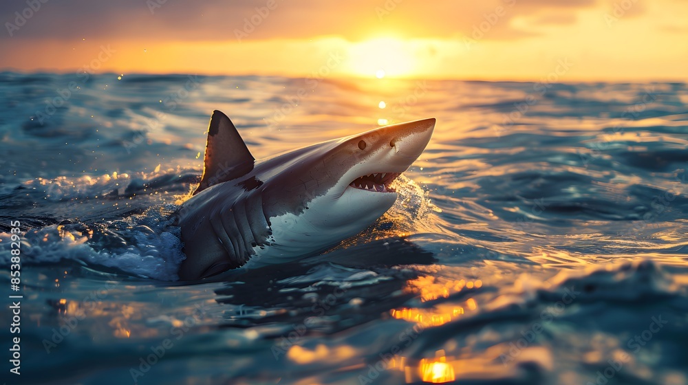 A shark fin is seen above the water surface, a sense of danger and fear ...