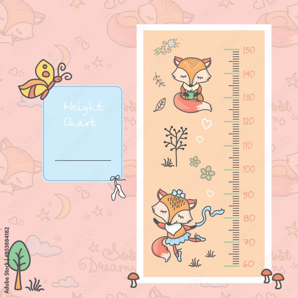 Kids height chart with adorable fox. Scale or meter with centimeter and ...