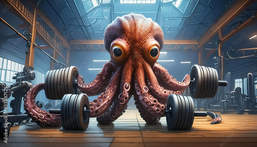 Anthropomorphic octopus lifting a barbell in the gym, weightlifting ...