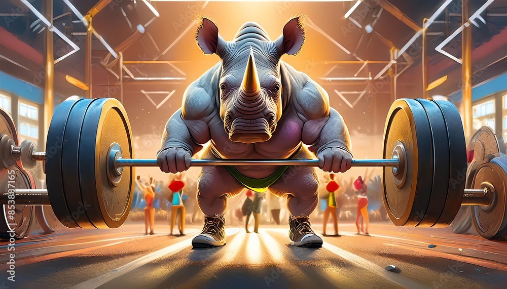 Anthropomorphic rhinoceros lifting a barbell in the gym, weightlifting ...