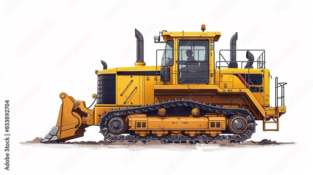 Stylized illustration of a yellow bulldozer with a large blade and ...
