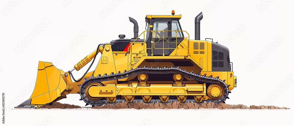 Yellow bulldozer with detailed tracks and blade, stylized illustration ...