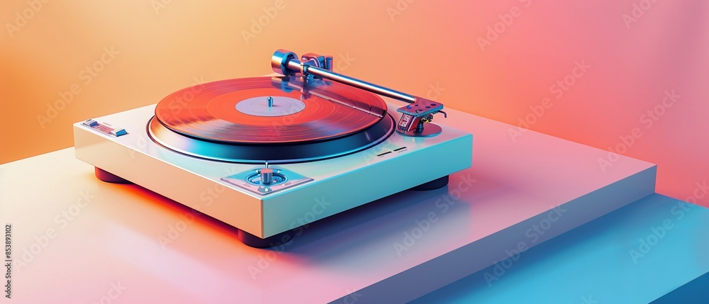 Vintage record player turntable on a vibrant pastel background with ...