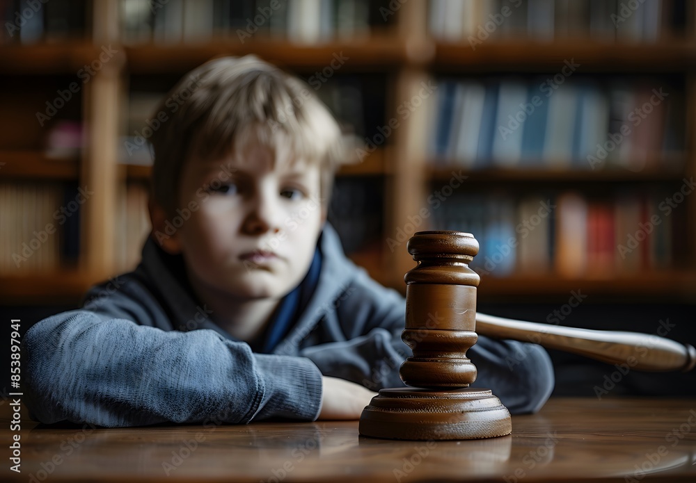 Child legal concept | child sitting in front of the judge's gavel on a ...