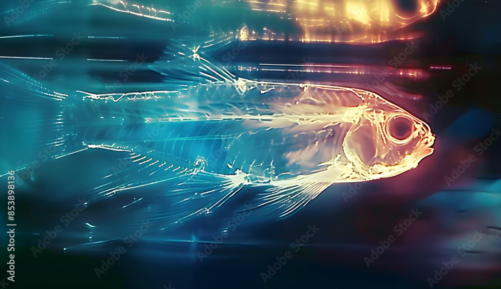 Holographic effect on blue x-ray film fish with glowing outline ...