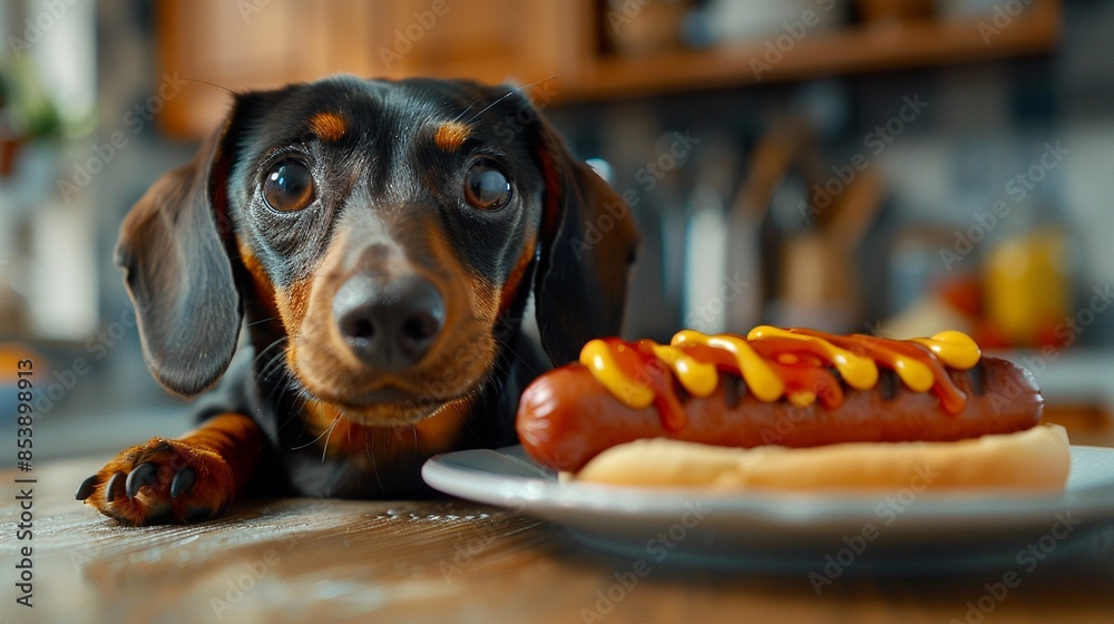 Cute dachshund staring at a hot dog with mustard and ketchup on a plate ...