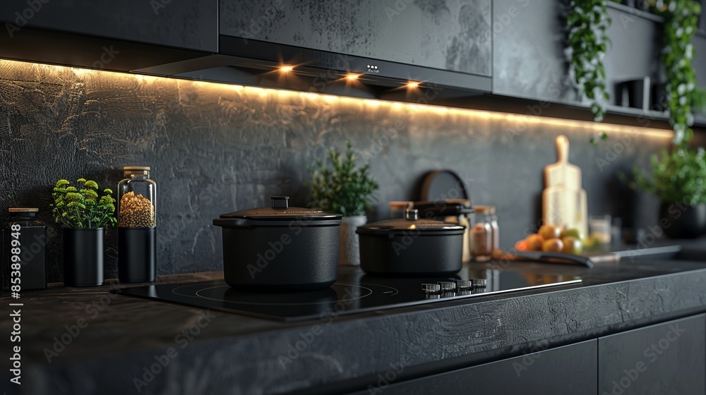 Contemporary kitchen with black pots, a frying pan, and glass jars on a ...