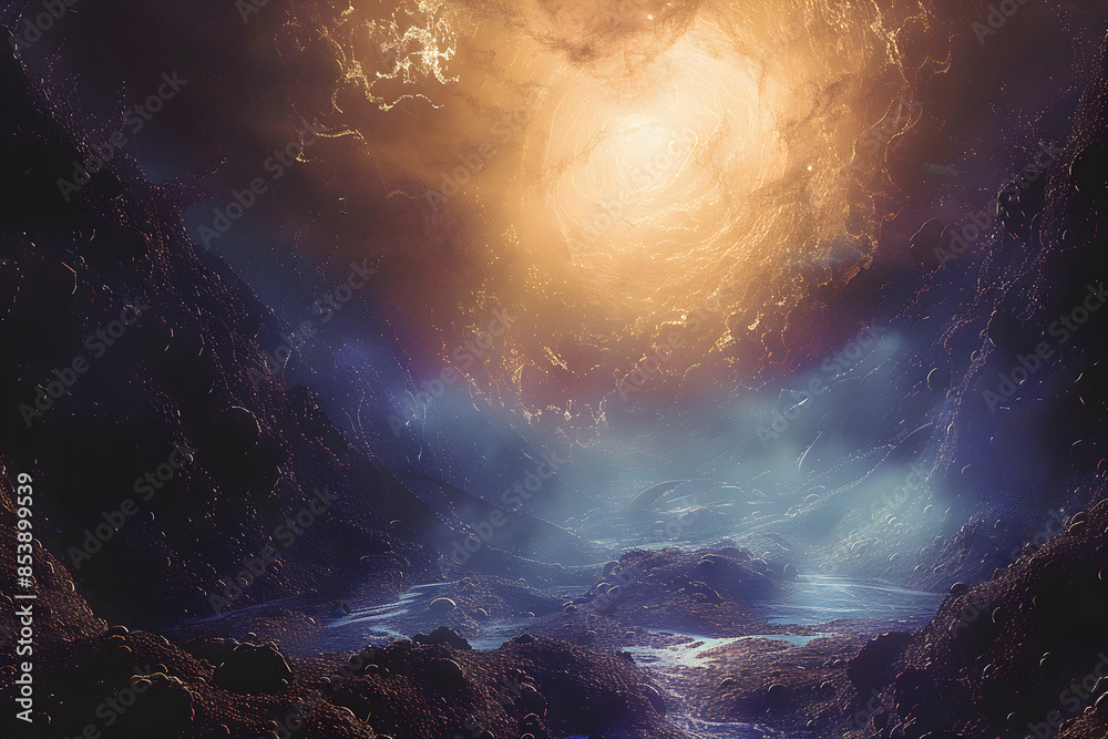 Surreal digital artwork of a fantasy landscape with glowing light and ...