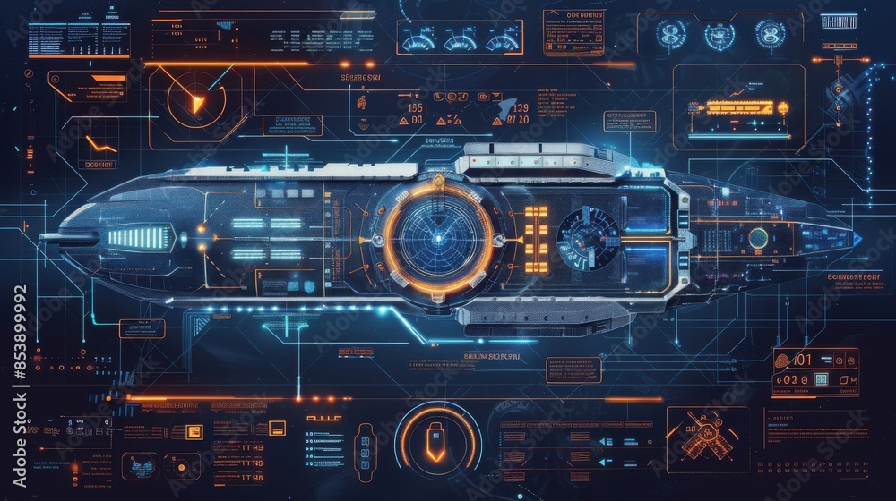 Futuristic spaceship interface with various high-tech elements, digital ...