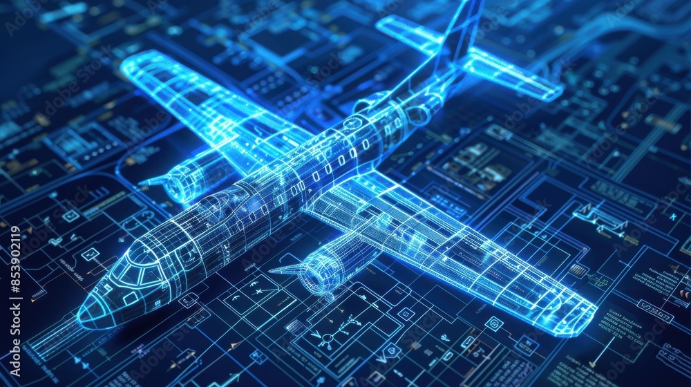 High-tech digital visualization of an airplane blueprint concept overlaid on a circuit board ...