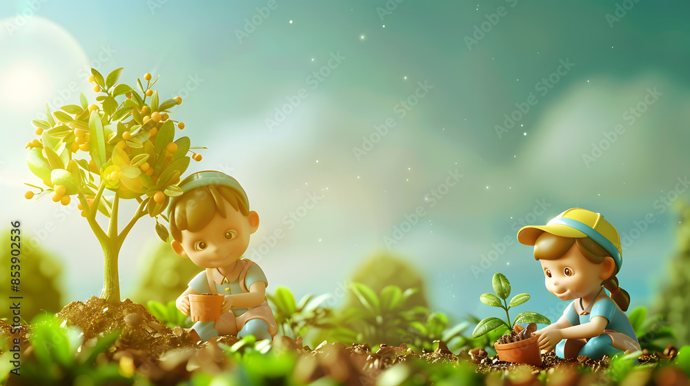 Children are helping to plant trees, depicted as 3D cartoon characters ...