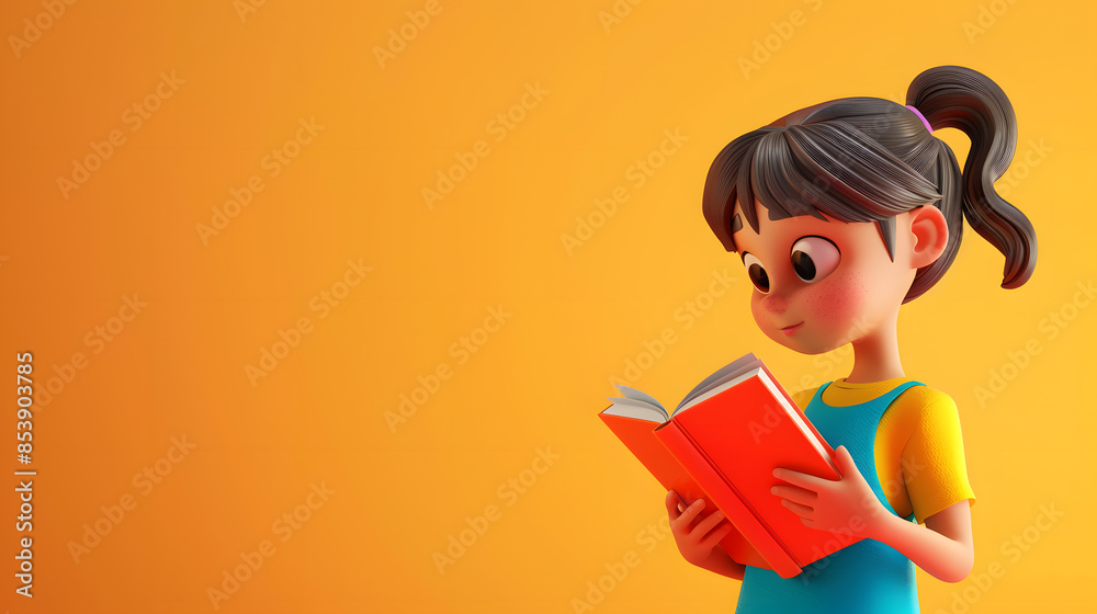 A girl reading a book, depicted as a 3D cartoon character, sits ...