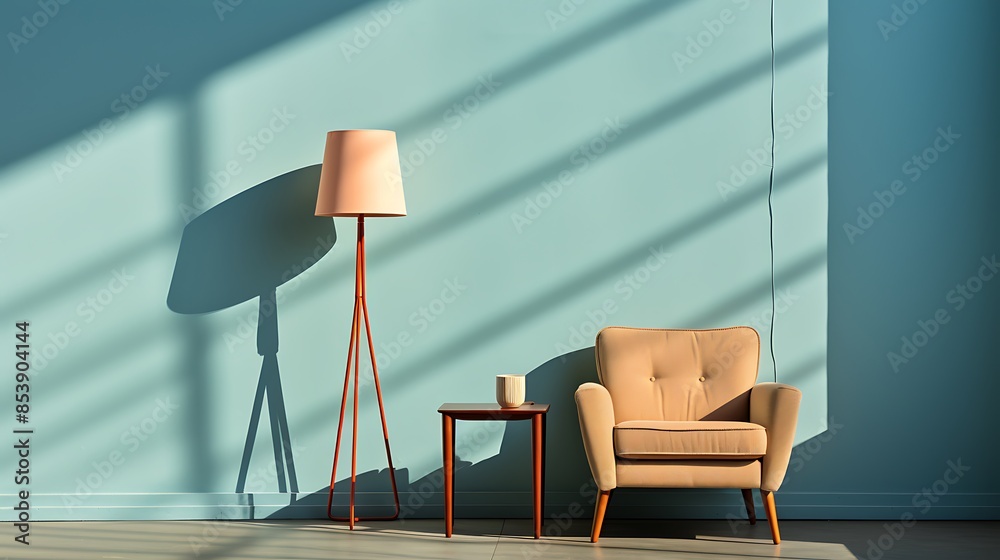 Faint shadow of a floor lamp on a light brown wall against a solid ...