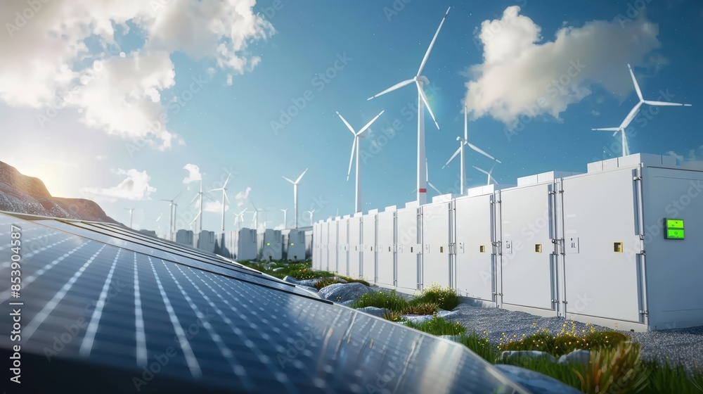 Renewable energy site with solar panels, wind turbines, and battery ...