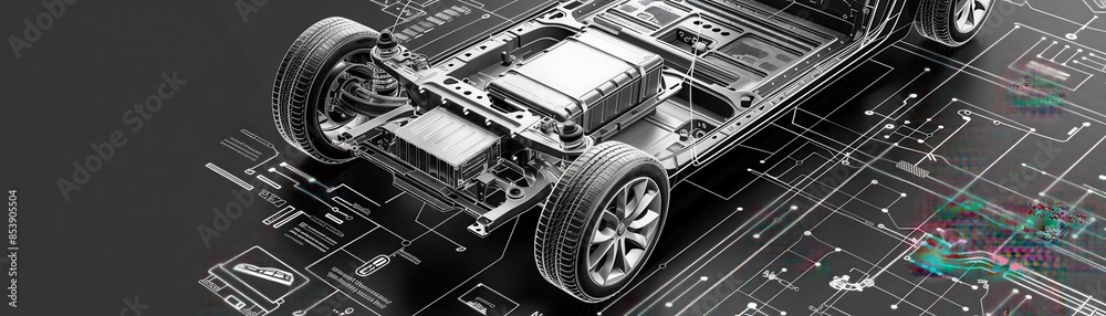 Technical blueprint of an electric vehicle chassis showcasing ...