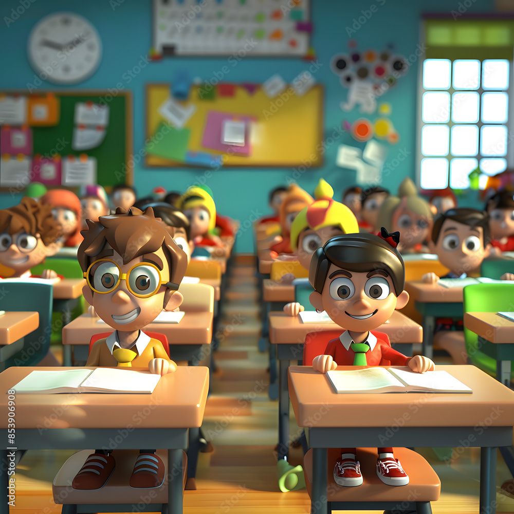 School children in class,depicted as 3D cartoon characters,eagerly ...