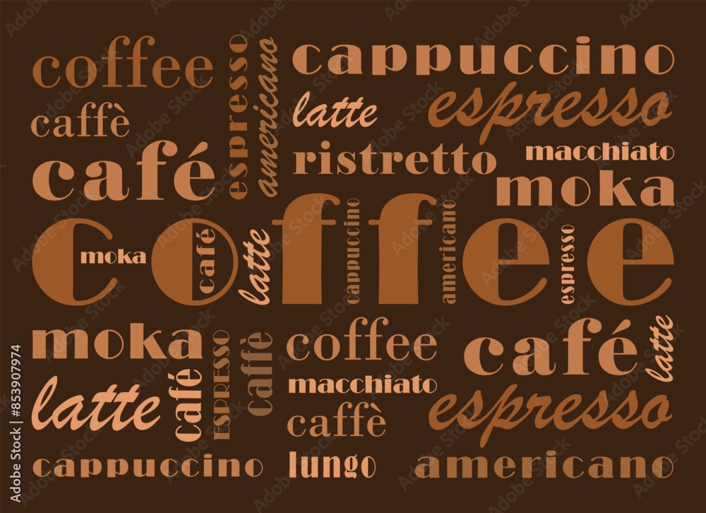 Coffee word cloud. Dark brown background for template design. Vector ...