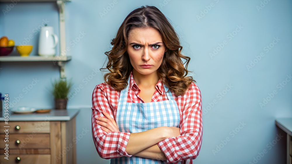 Angry annoyed young housewife keeping arms crossed and staring at ...
