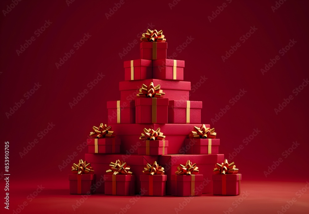 Tower of dark red gift boxes with golden bows on a red background, a ...
