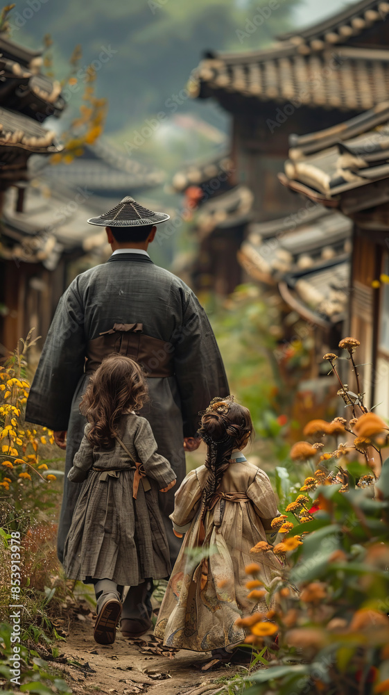 girl running in a Goryeo traditional costume and a father and mother in ...
