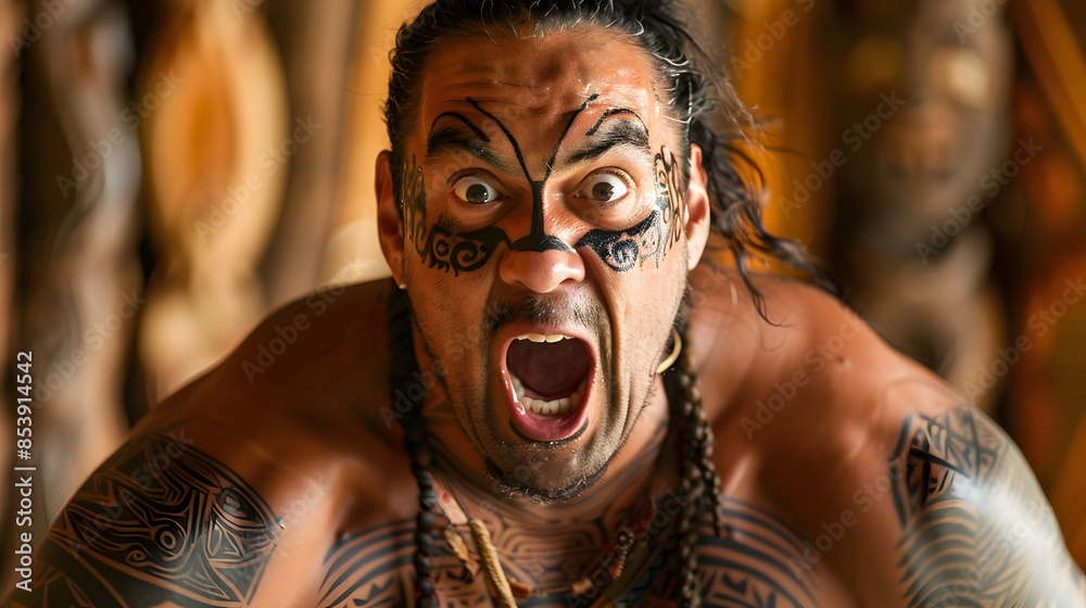 Maori warrior performing a haka with fierce expression and tattoos ...