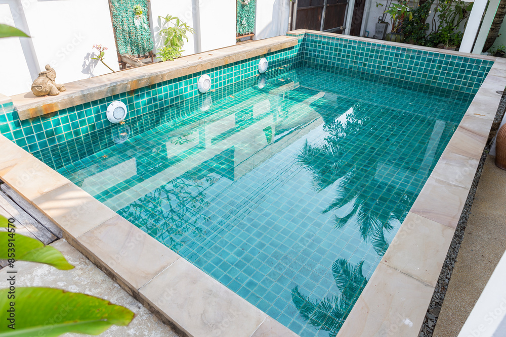 Half full swimming pool water for underwater illumination installation ...