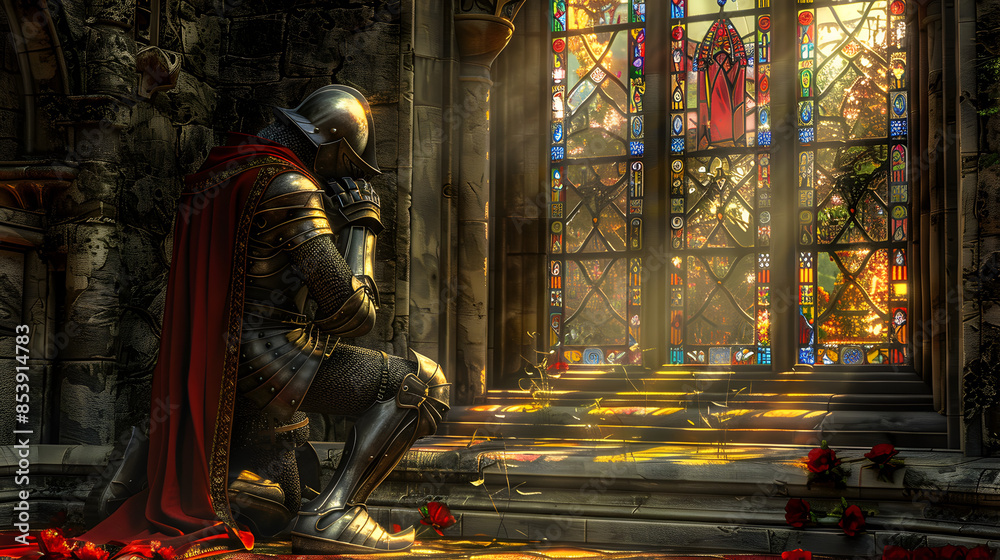Medieval knight kneeling in prayer before a stained glass window. Stock ...