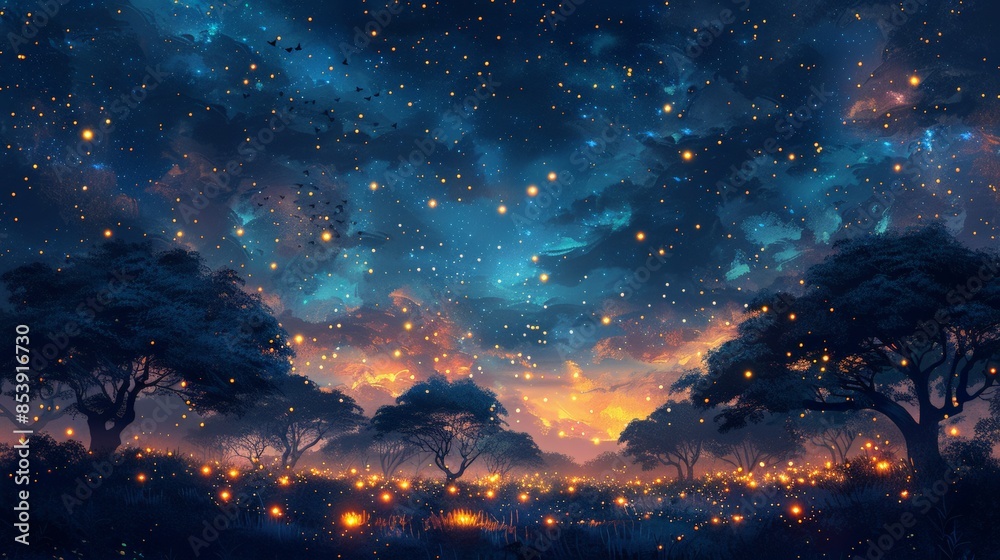 Firefly Night Scene: Illustrate a night scene with fireflies lighting ...