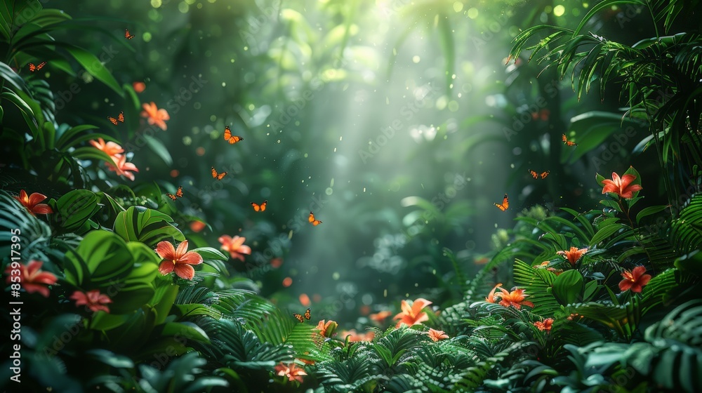 Insects in Rainforest: Depict a variety of insects in a lush rainforest ...